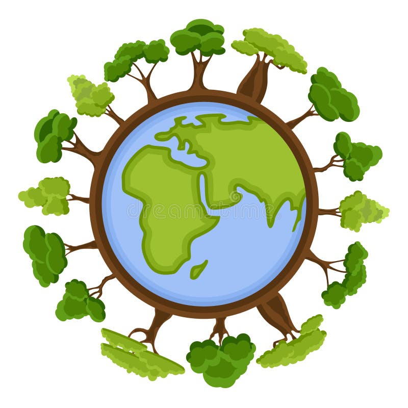 Ecology Concept with Green Eco Earth and Trees. Cartoon Earth Planet ...