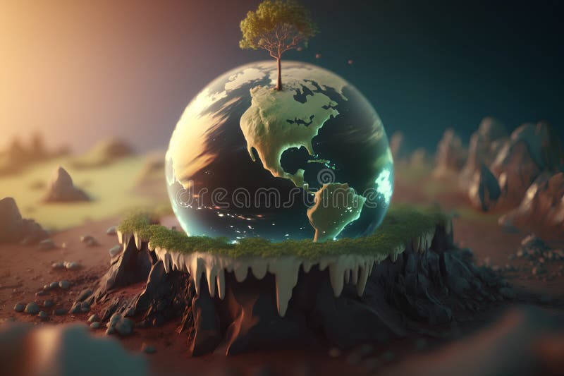 Ecology Concept. Green Tree on Earth Planet Stock Illustration ...
