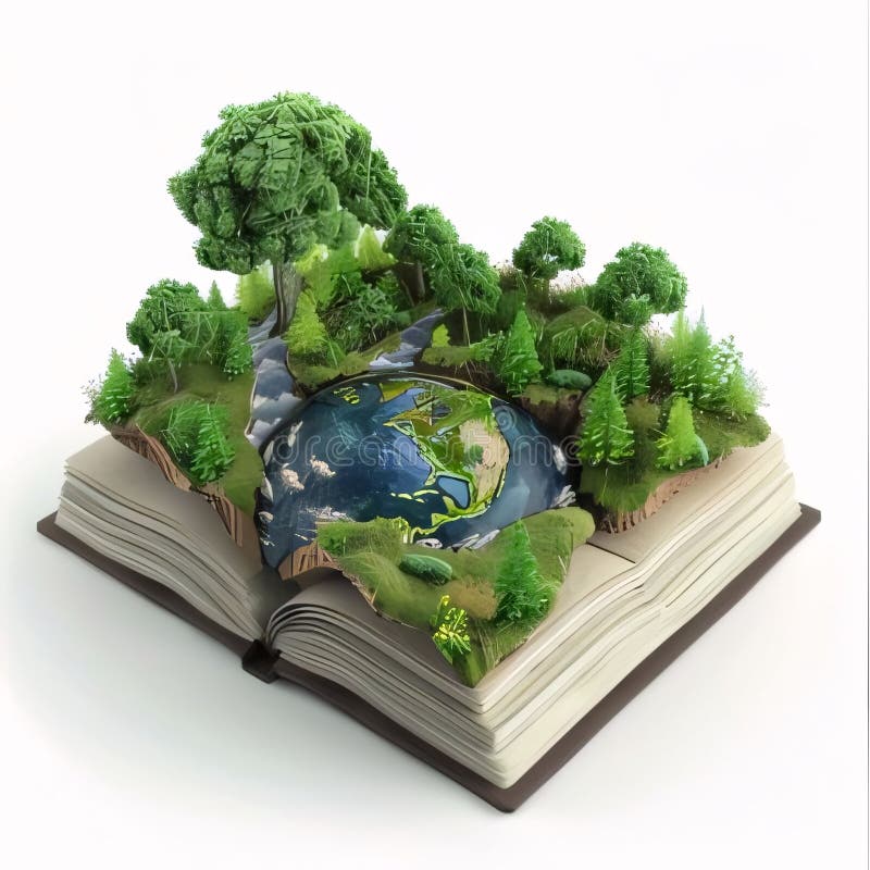 Ecology Concept. Open Book with Green Trees and Earth on White ...