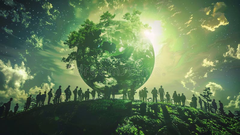 Ecology Concept with People Silhouettes and Planet in the Background ...