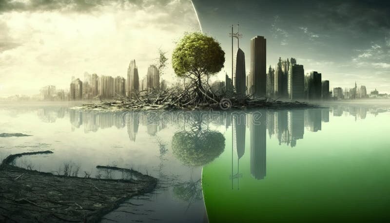 Ecology Concept with Tree and Modern City Panorama. Generative AI Stock ...