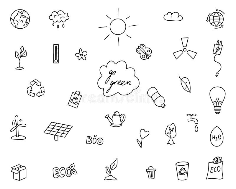 Ecology Doodle Set. Eco in Hand Drawn Linear Style.Earth Day Concept ...