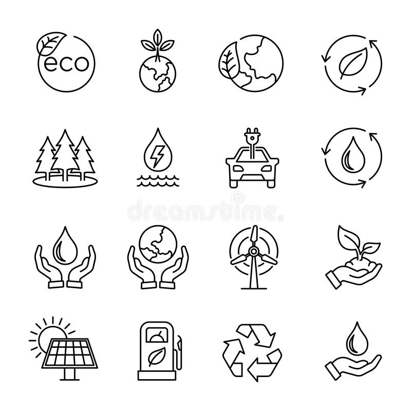 Green Energy and Eco Friendly Icon Collection on Outlined Vector Stock ...