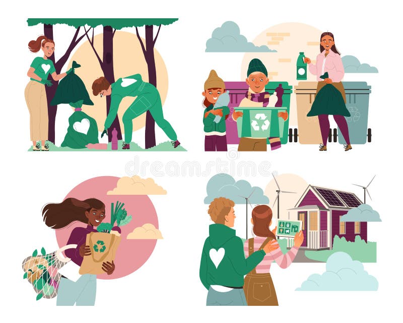 Ecology with People Sorting Garbage, Using Reusable Shopping Bag and ...