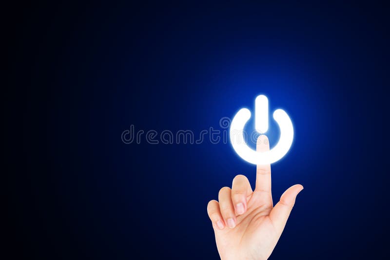 Finger Press on Electrical Power Button in Blue Background. Stock Image ...