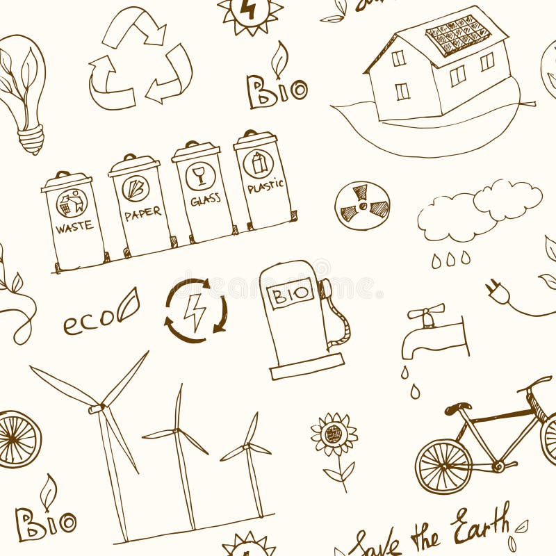 Ecology and Recycle Doodle Seamless Pattern Stock Vector - Illustration ...