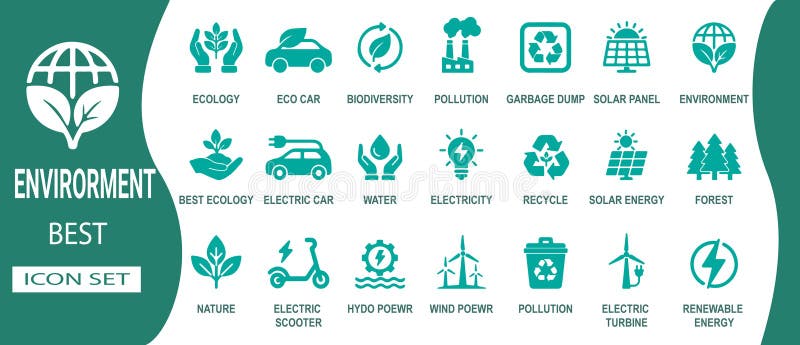 Ecology Solid Icon Set with Biodiversity, Nature, Pollution, Energy ...
