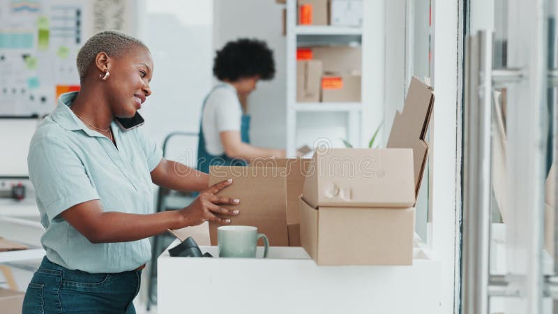 Ecommerce, Box and Phone Call for Black Woman Communication in ...