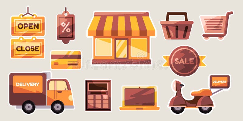 Ecommerce Buy Sell Store Delivery Cartoon Set Sticker Doodle Collection ...