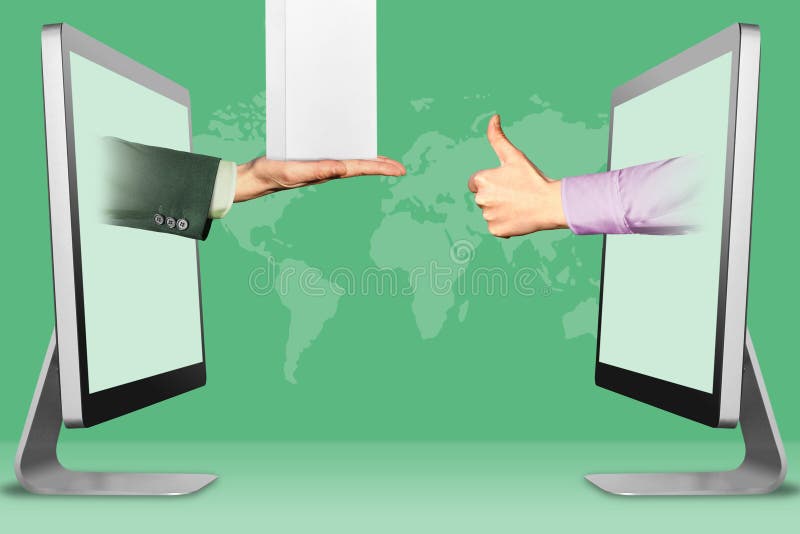 Ecommerce Concept, Two Hands from Laptops. Hand with White Small Cell ...