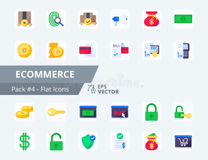 Ecommerce Icon Pack 4, 24 Ecommerce Flat Icons Set Stock Vector ...