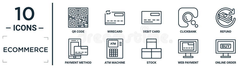 Ecommerce Linear Icon Set. Includes Thin Line Qr Code, Debit Card ...