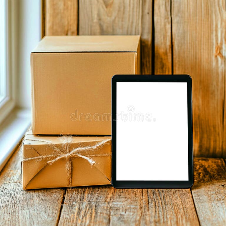 Ecommerce Packaging Tablet Mockup with Cardboard Boxes on Rustic Wood ...