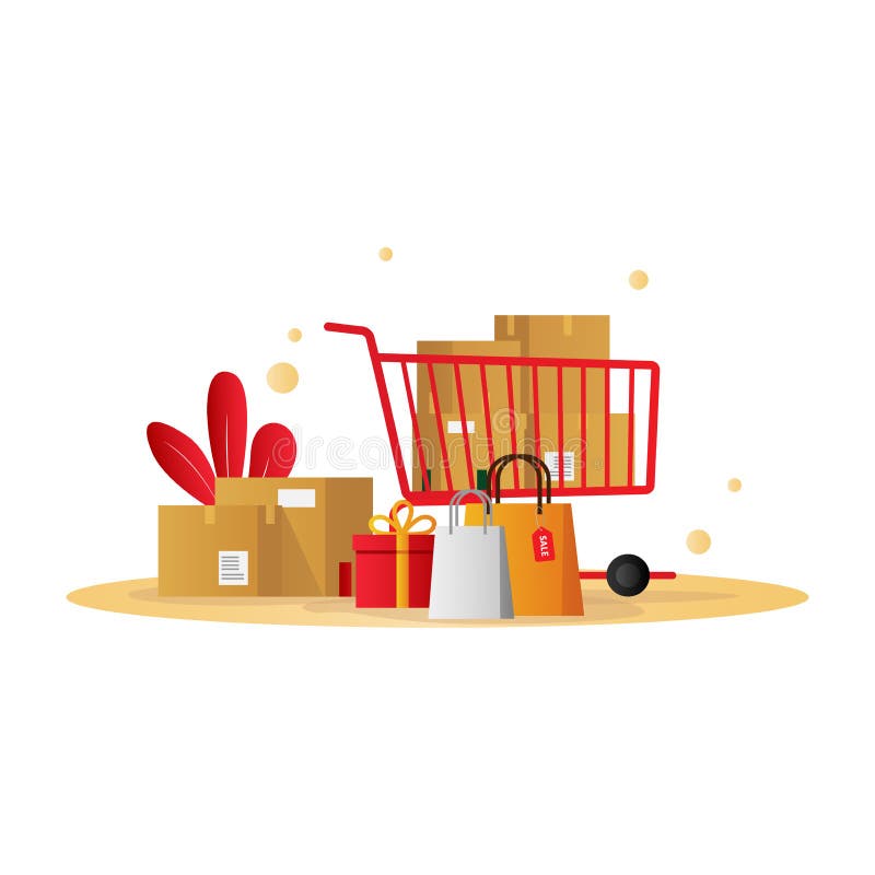 Supermarket Shopping Cart Flat Design Full of Boxes Stock Vector ...