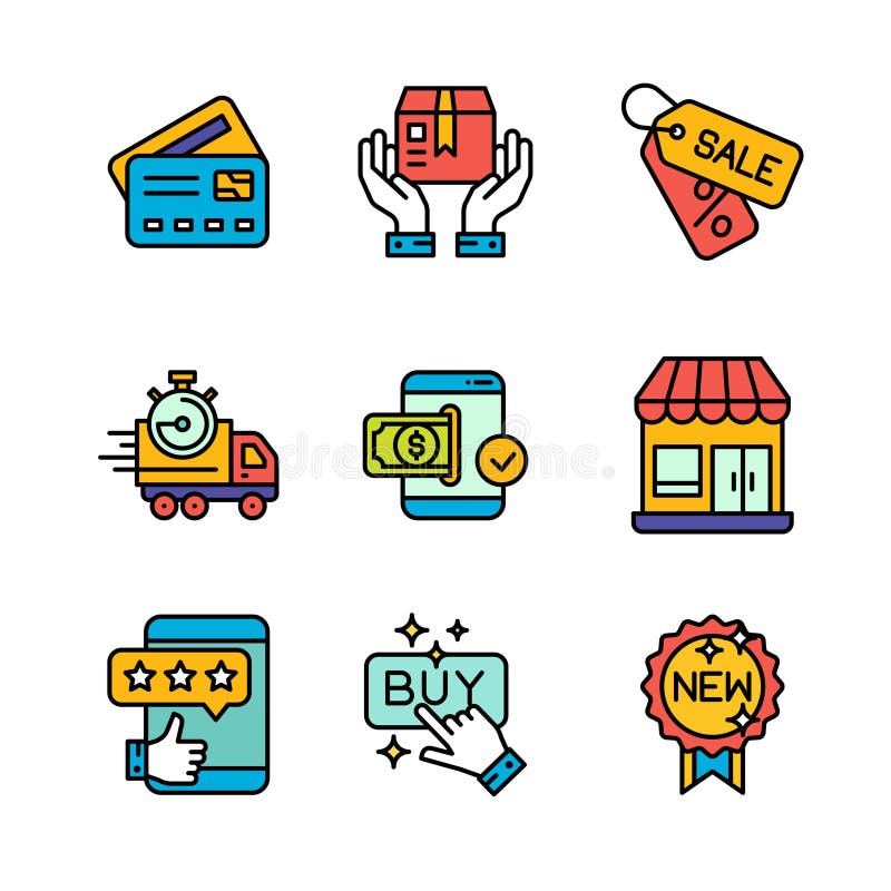 Ecommerce and Shopping Icons Set in Colored Outline Style Icon. Stock ...