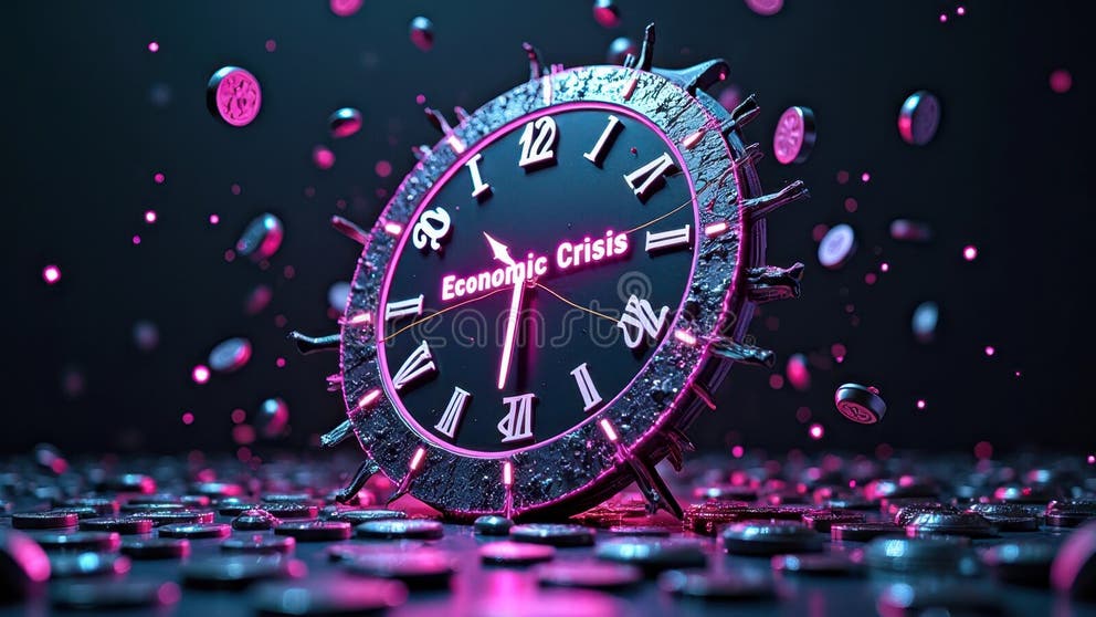 Economic Crisis Clock with Neon Pink Glow and Falling Coins Stock Photo ...