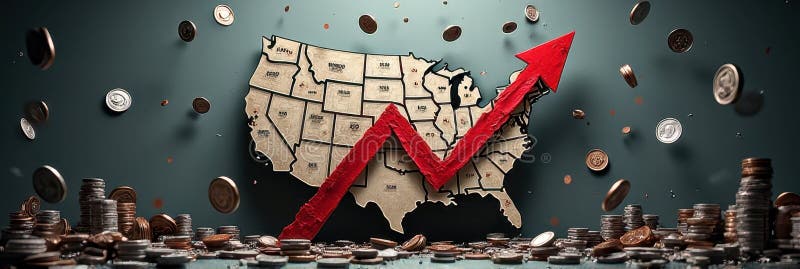 Economic Growth Concept: Rising Arrow on Usa Map with Coins Stock Image ...