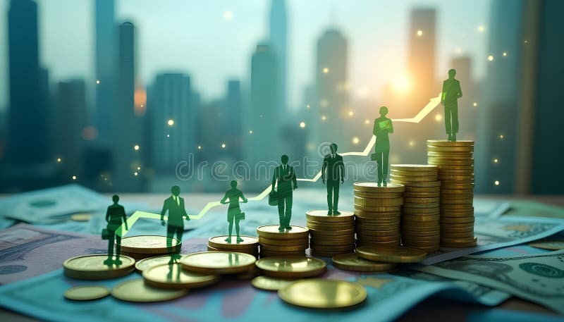 Economic Growth Visualization - Silhouettes on Coin Stacks Stock ...