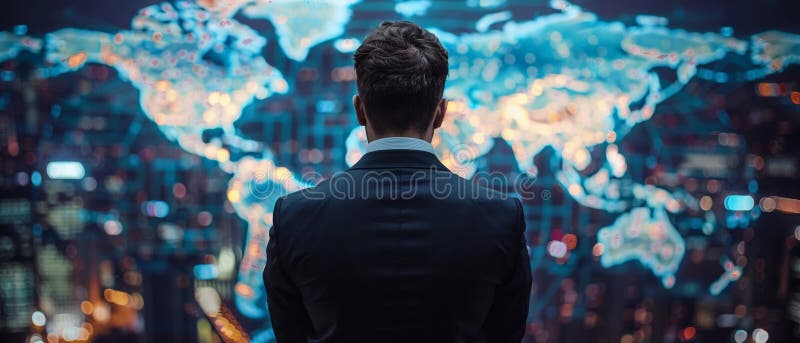 Economic Growth Visualized, Businessman with Global Network Map ...