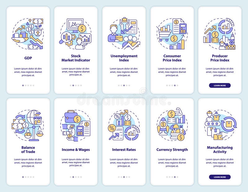 Economic Indicators and Examples Onboarding Mobile App Screens Set ...