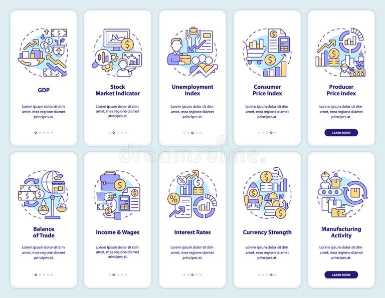 Economic Indicators and Examples Onboarding Mobile App Screens Set ...