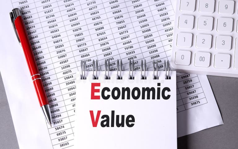 ECONOMIC VALUE Text on Notebook with Chart , Pen and Calculator Stock ...