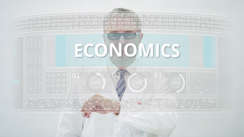 ECONOMICS Text on a Modern Touchscreen Display and a Male Scientist ...