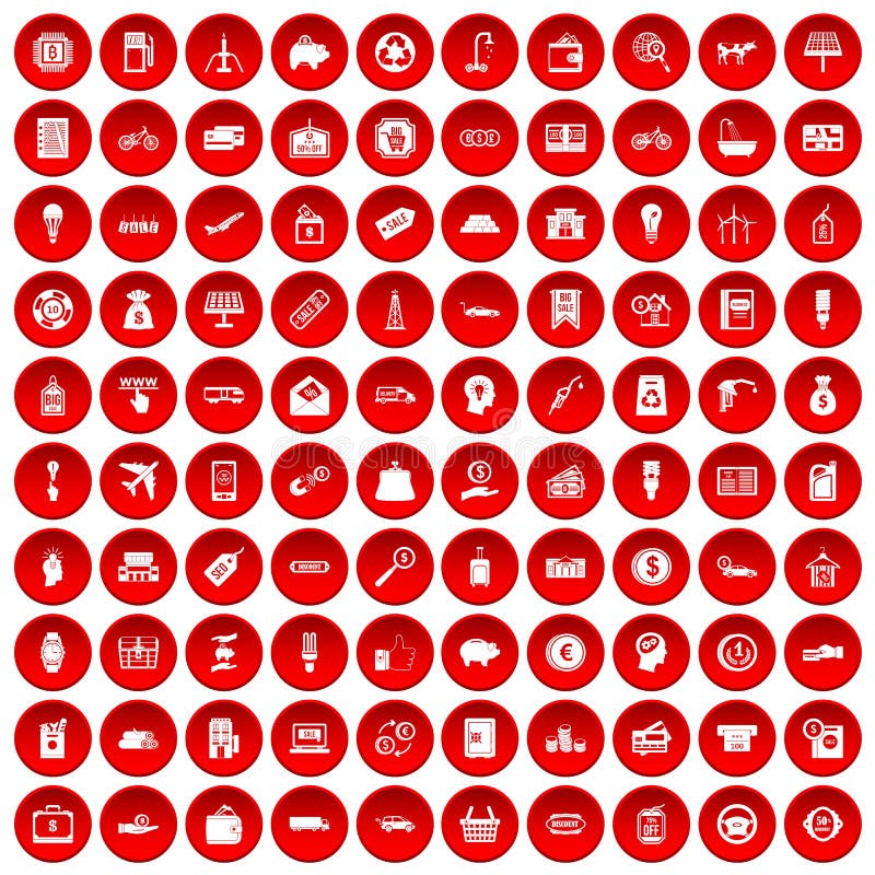 100 economy icons set red stock vector. Illustration of income - 96628273