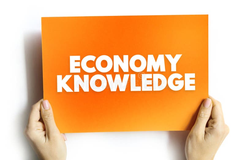 KNOWLEDGE ECONOMY Text on Blue Background with Keyboard and Clipboard ...
