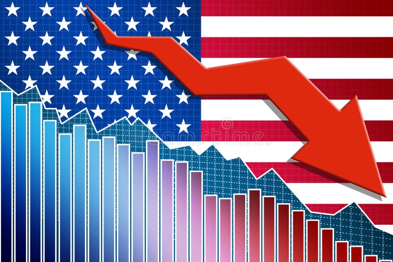 Economy of USA Falling Down with Arrow and Flag Stock Illustration ...