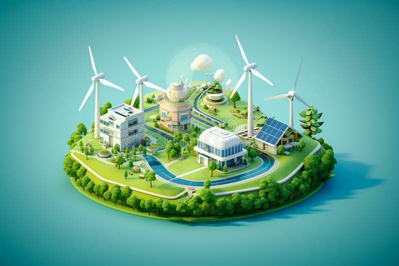 Ecosystem Friendly City, Wind Mills and Solar Panel, Cutaway Isometric ...