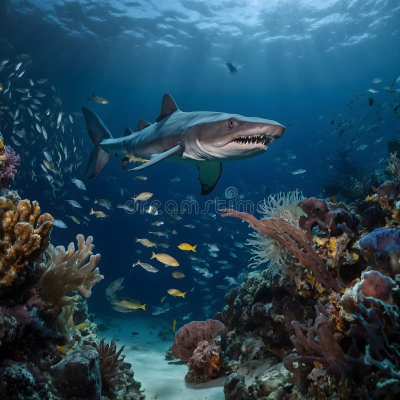 Frilled Shark and Deep-Sea Creatures Interacting in a Bio Luminescent ...