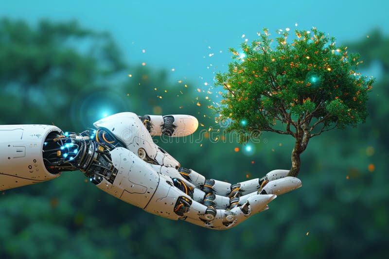 Ecotech Harmony Human Hand and Robotic Hands Hold a Tree Stock ...