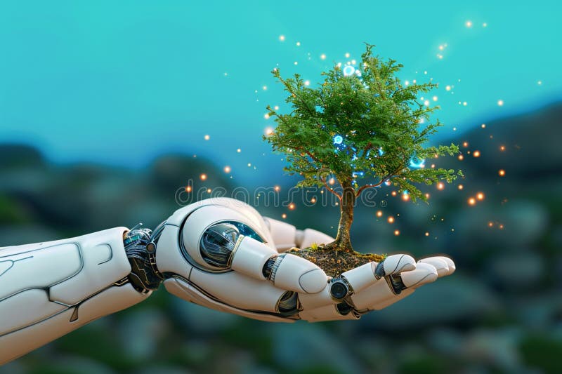 Ecotech Harmony Human Hand and Robotic Hands Hold a Tree Stock ...