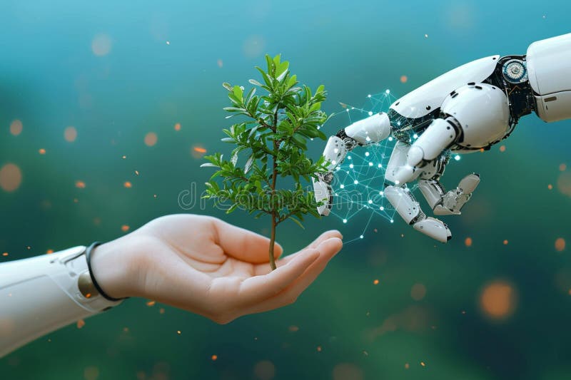 Ecotech Harmony Human Hand and Robotic Hands Hold a Tree Stock Illustration - Illustration of ...