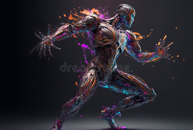 Ecstatic Dance of a Cyborg with Splash of Colours. Generative AI Stock ...