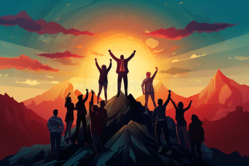 Ecstatic Group Success People Sunset. Generate Ai Stock Illustration ...