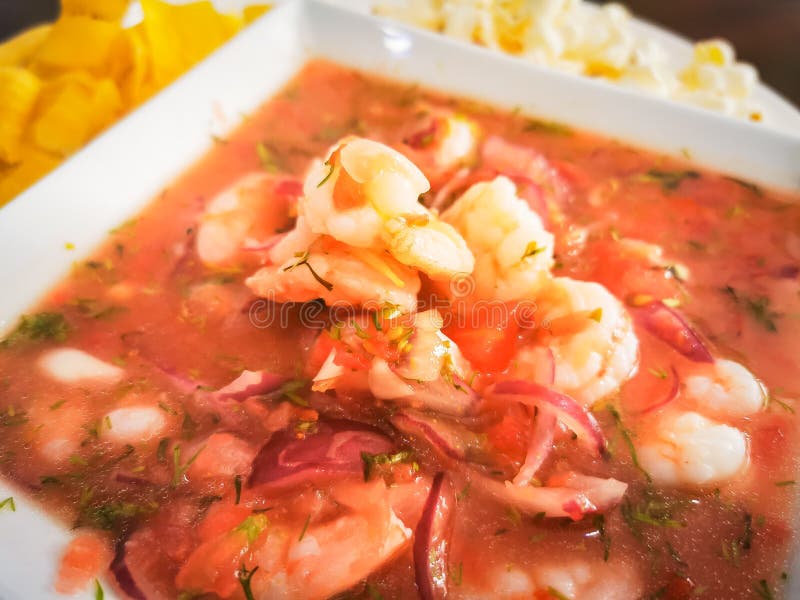 Ecuador Food: Shrimp Ceviche, Raw Fish. with Popcorn and Plaintain ...