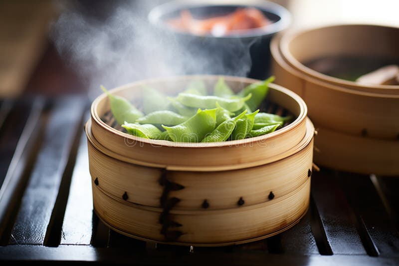Edamame in Bamboo Steamer, Steaming Process Visible Stock Image - Image ...