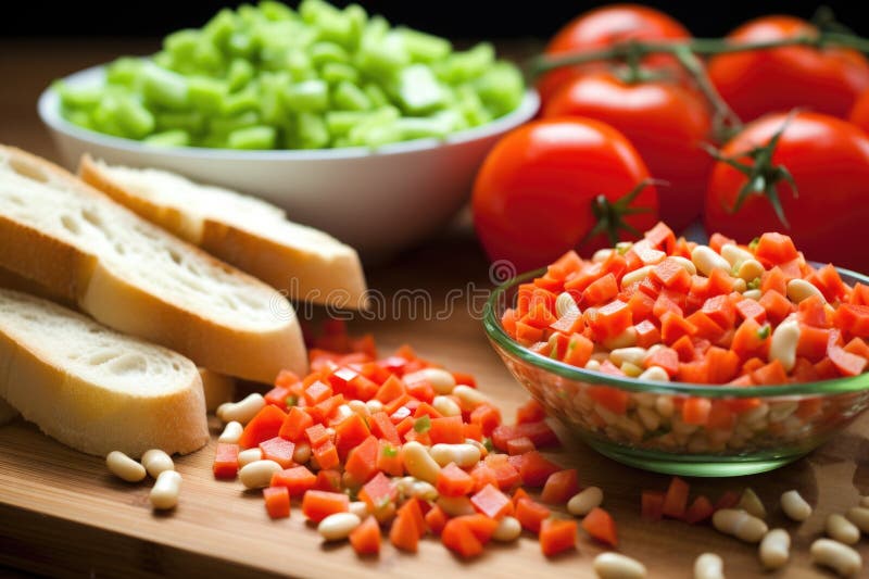 Edamame Beans and Diced Tomatoes Piled upon Fresh Baguette Slices Stock ...