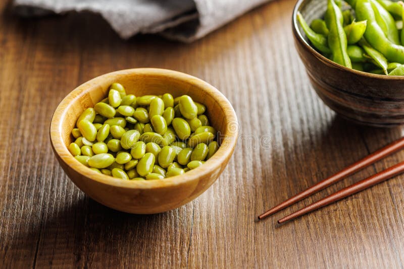 Edamame Soy Beans in Bowl on Wooden Table Stock Photo - Image of asian ...