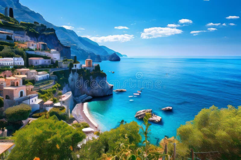 Edge of Coastal Town Along Colorful Landscape Stock Illustration ...