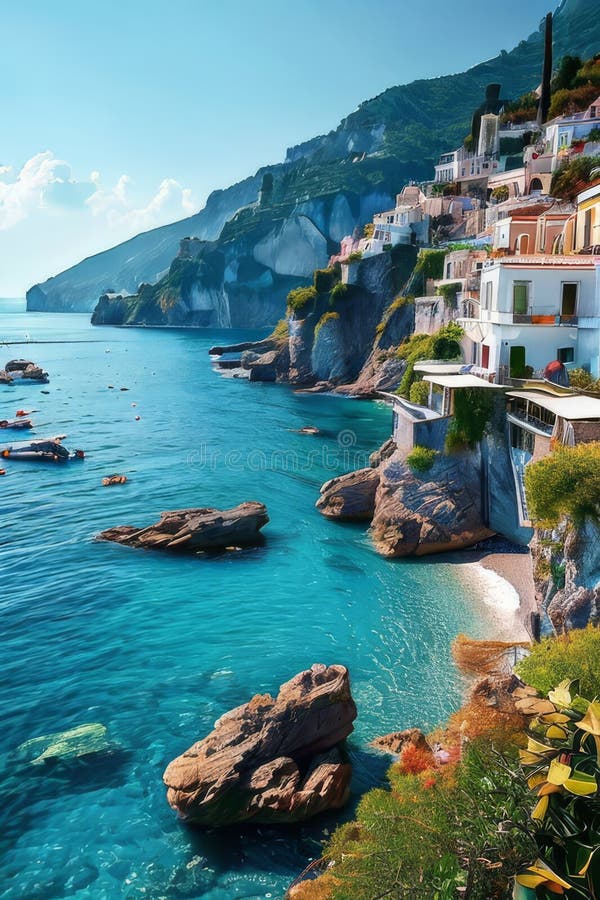 Edge of Coastal Town Along Colorful Landscape Stock Illustration ...