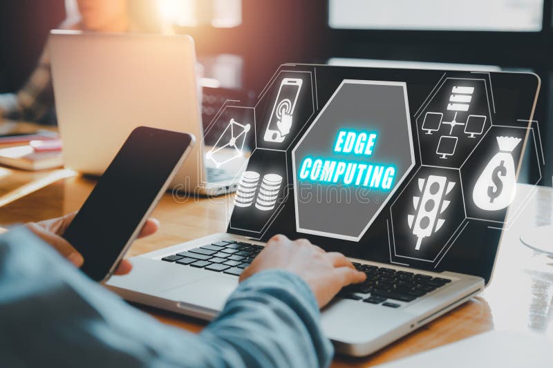 Person Using Computer on Office Desk with Edge Computing Icon on ...