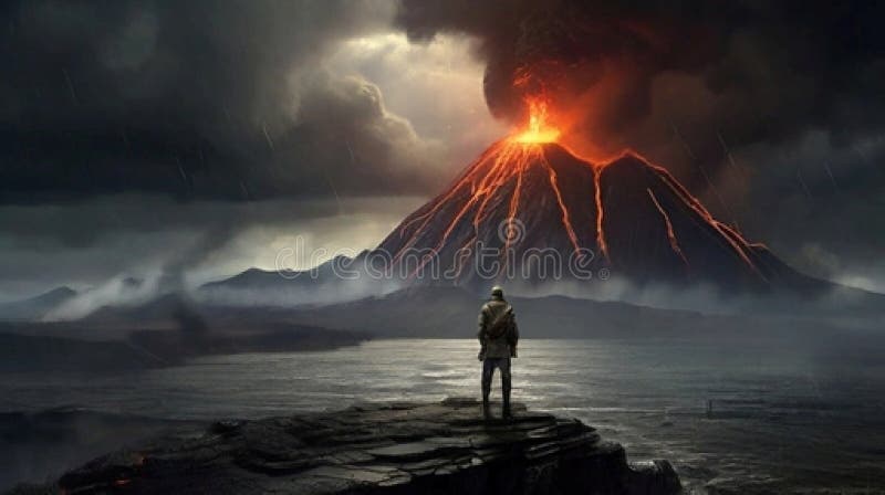 On the Edge by Volcano with Its Rain Clouds Stock Illustration ...