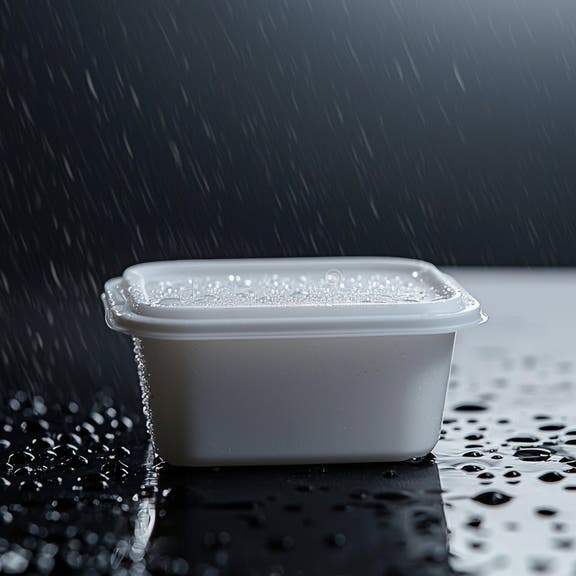 The Edges of a Square Plastic Container are Rounded on a Wet Surface ...