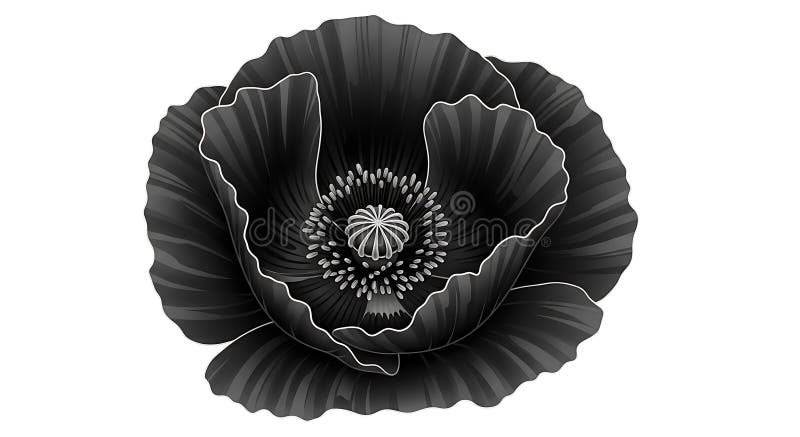 A Detailed Grayscale Illustration of a Poppy Flower. the Petals are ...