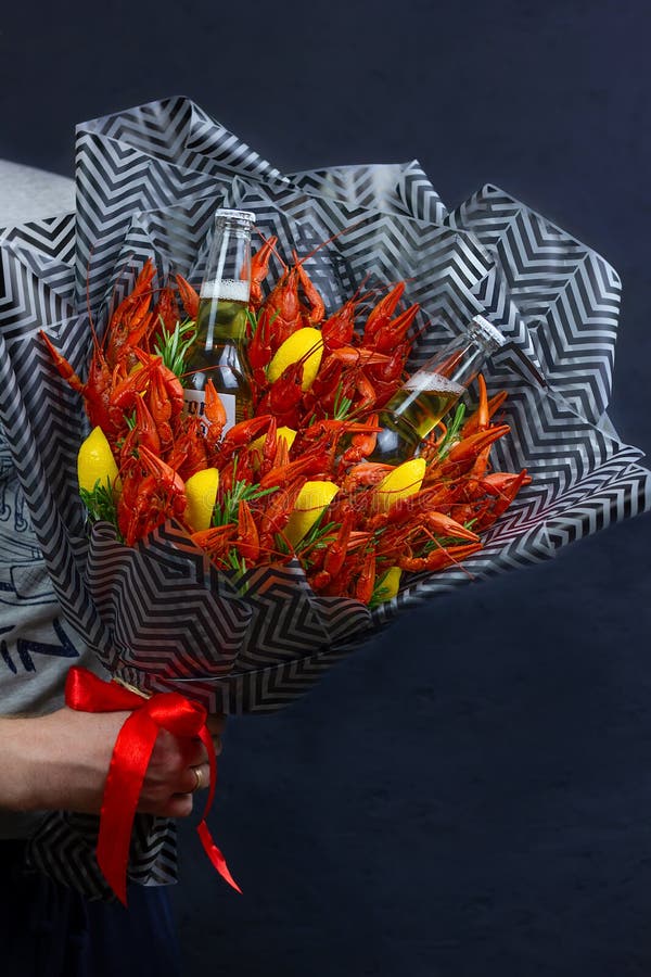 Edible Bouquet, Crayfish, Lemon and Beer Stock Photo - Image of ...
