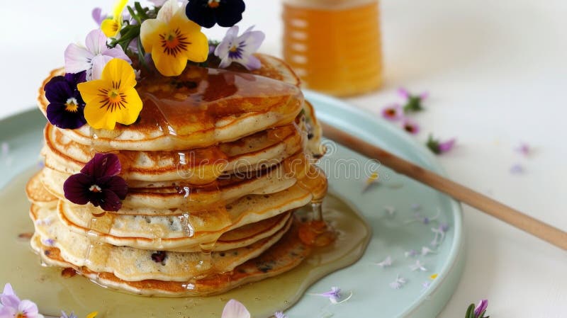Edible Flower Pancake Stack Drizzled with Honey on Pastel Plate Stock ...