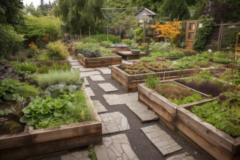 Edible Garden with Raised Beds and Natural Stone Paths Stock ...